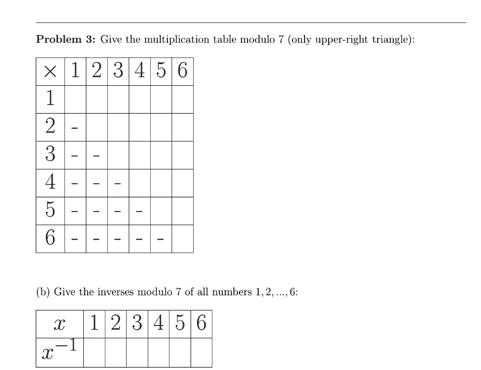 SOLVED:Problem 3: Give the multiplication table modulo 7 (only upper ...