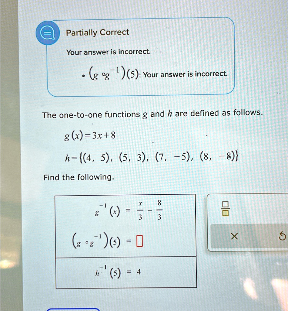 Partially Correct Your answer is incorrect. (g@g^(-1))(5): Your answer is incorrect. The one-to ...