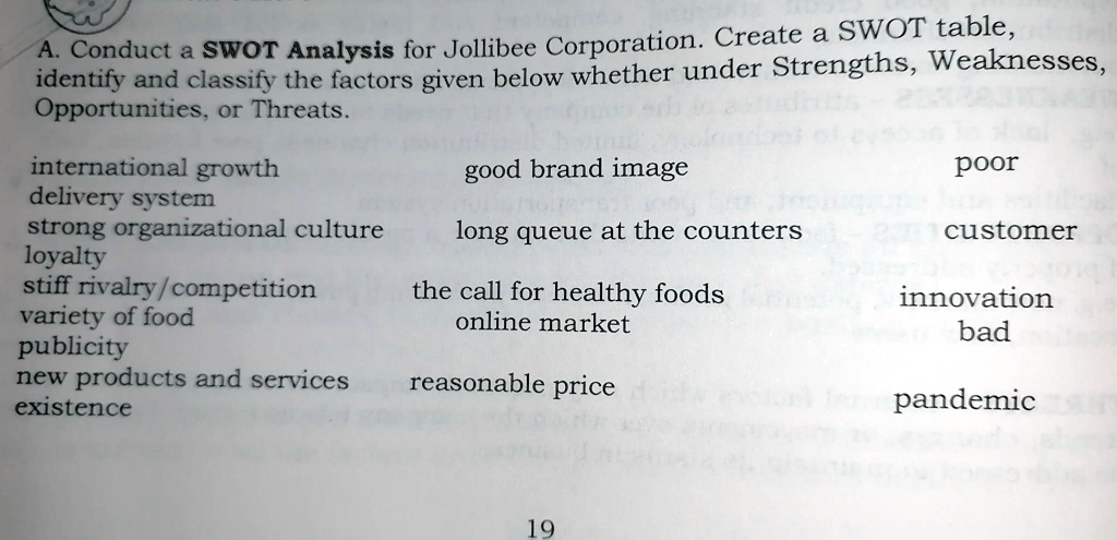 SOLVED: Conduct a SWOT analysis for Jollibee Corporation. Create a SWOT table and conduct a SWOT ...