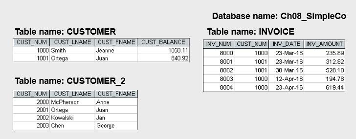 Table name: CUSTOMER CUSTNUM CUSTLNAME CUSTFNAME CUSTBALANCE 1000 Smith Jeanne 1050.11 1001 ...