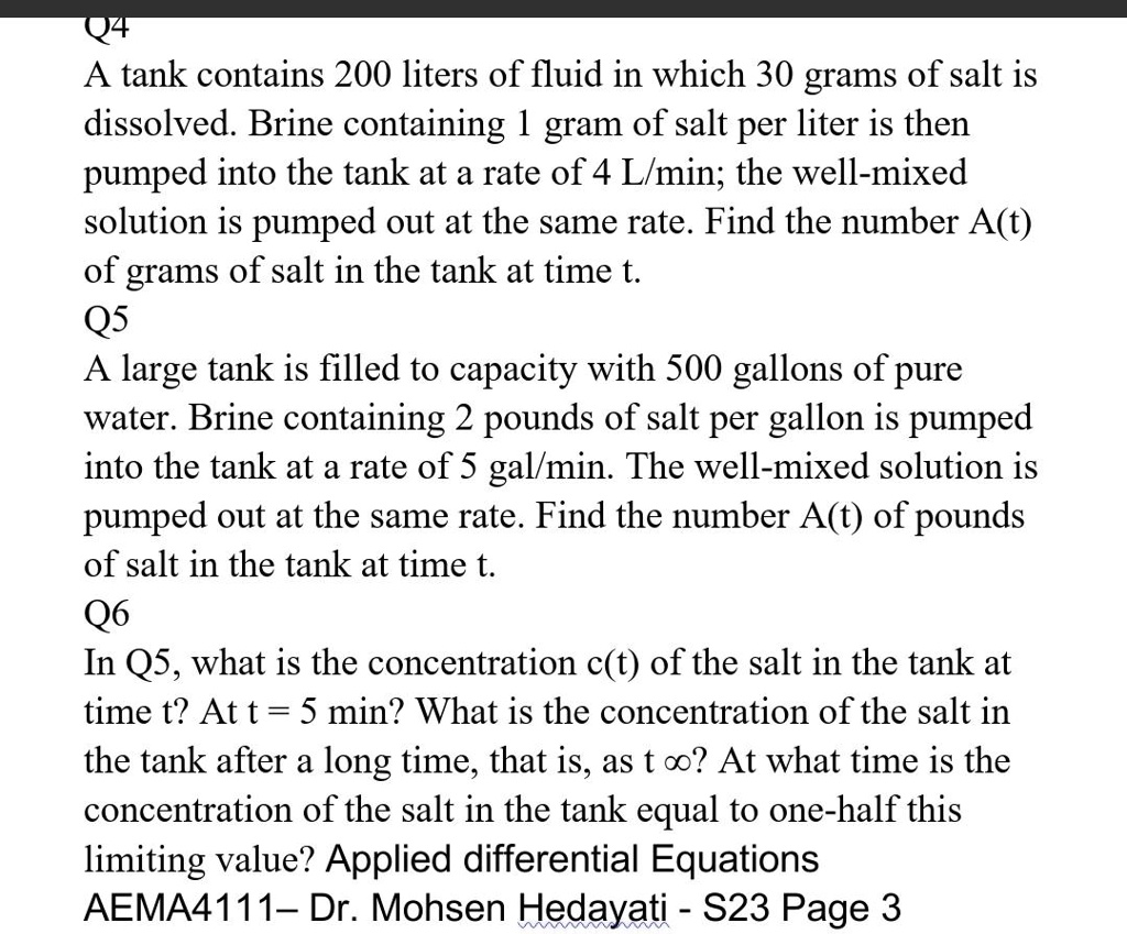SOLVED: A tank contains 200 liters of fluid in which 30 grams of salt ...