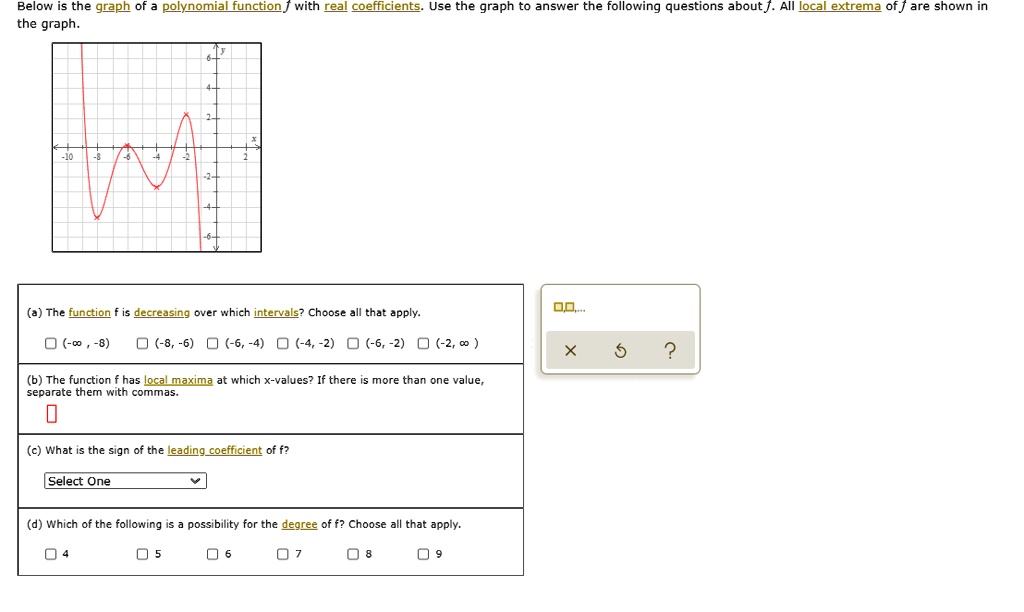 below the graph of polynomial function with real coefficients use the graph to answer the ...