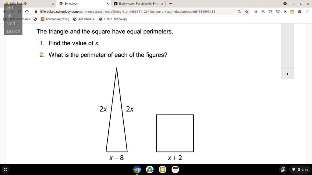 The triangle and the square have equal perimeters. 1. Find the value of x. 2. What is the ...
