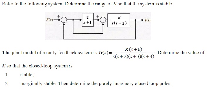 SOLVED: Refer to the following system. Determine the range of K so that the system is stable. K ...