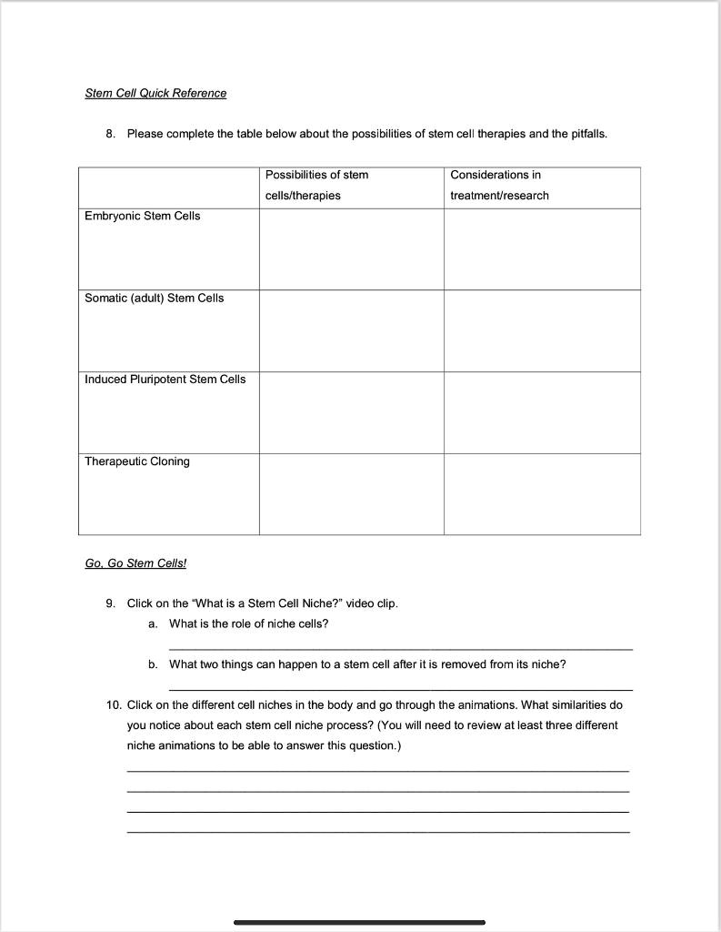 SOLVED: Stem Cell Quick Reference Please complete the table below about the possibilities of ...
