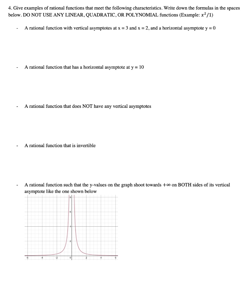 SOLVED: 4. Give examples of rational functions that meet the following ...