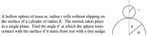 SOLVED: A hollow sphere of mass m, radius r rolls without slipping on the surface of a cylinder ...