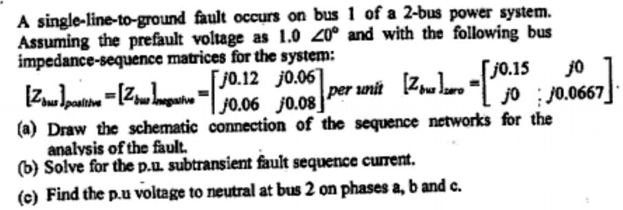 SOLVED: A single-line-to-ground fault occurs on bus 1 of a 2-bus power ...