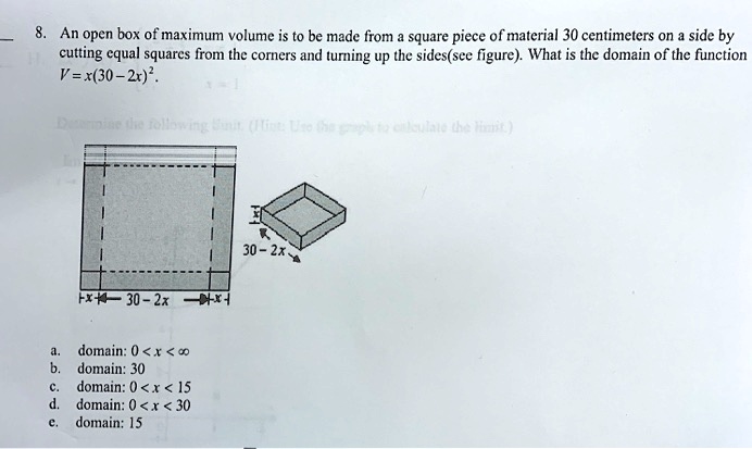 SOLVED: An open box of maximum volume is to be made from a square piece ...