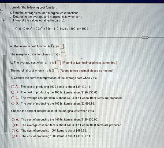 consider the following cost function afind the average cost and ...