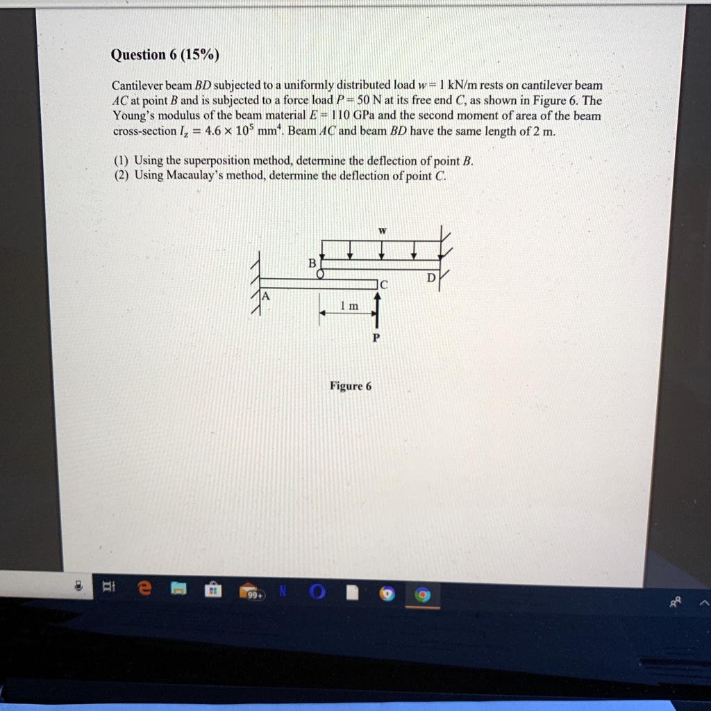Question 6 (15%) Cantilever beam BD subjected to a uniformly distributed load w = 1 kN/m rests ...