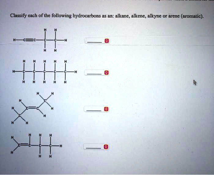 SOLVED: Classify each of the following hydrocarbons as an: alkane ...