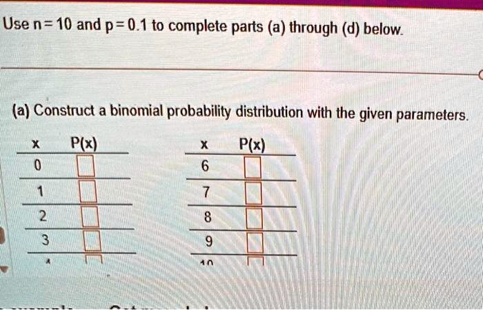 SOLVED: Texts: Use n=10 and p=0.1 to complete parts (a) through (d) below. (a) Construct a ...