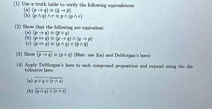 Texts: Please answer and describe. Thank you! :) (1) Use a truth table to verify the following ...