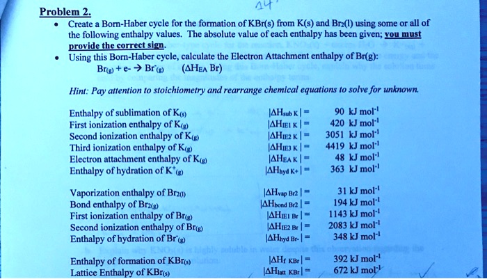SOLVED: Problem 2 Create Born-Haber cycle for the formation of KBr(s ...