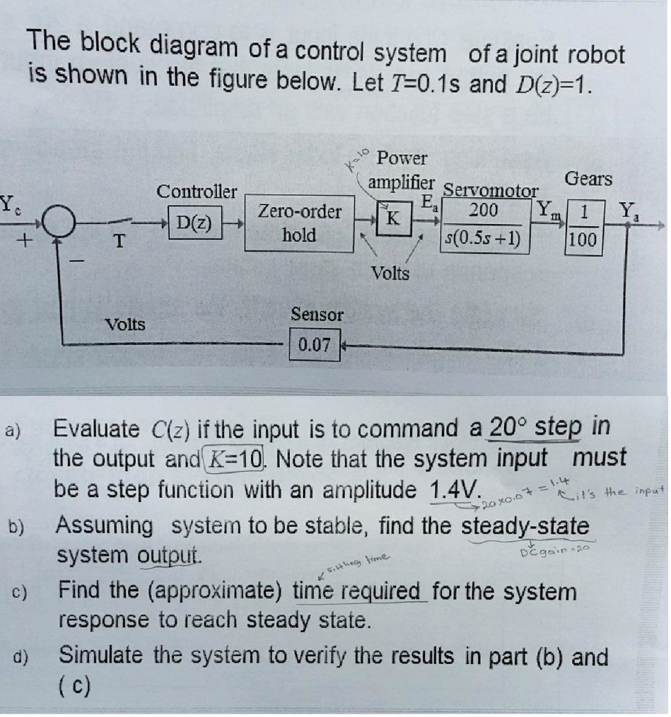The block diagram of a control system of a joint robot is shown in the figure below. Let T = 0 ...