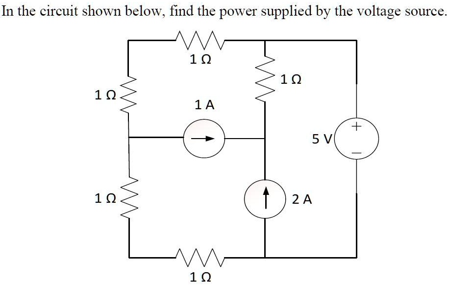 In the circuit shown below, find the power supplied by the voltage source. 1 ? 1 ? 1 ? 1 A 1 ...