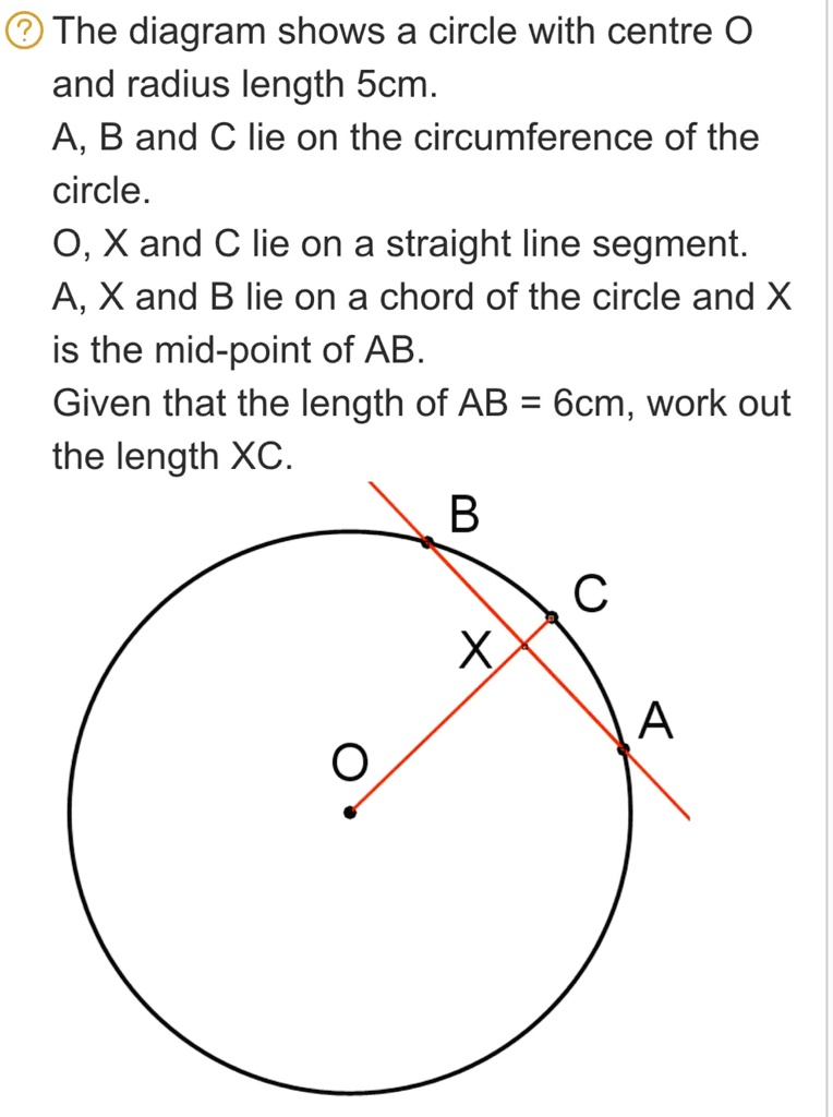 The diagram shows a circle with centre O and radius length 5cm. A, B and C lie on the ...