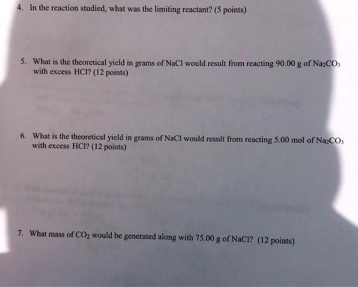 4. In the reaction studied, what was the limiting reactant? (5 points) 5. What is the ...