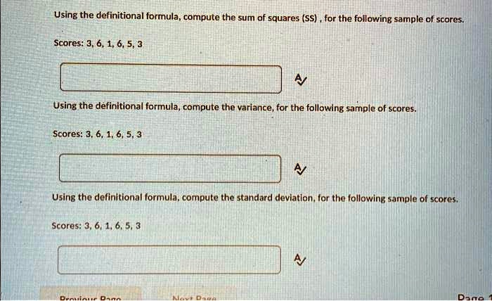 Using the definitional formula, compute the sum of squares (SS), for the following sample of ...