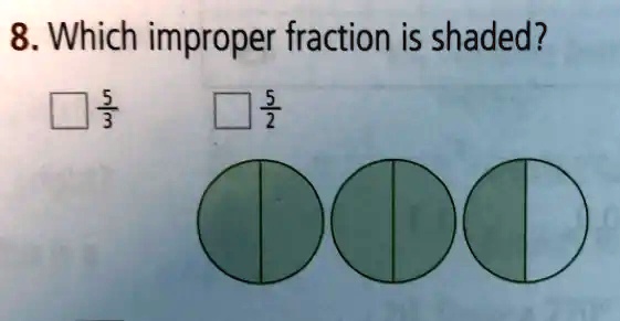 SOLVED: 8. Which improper fraction is shaded? 3 5