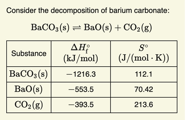 Consider the decomposition of barium carbonate: BaCO3(s) $⇌BaO(s) + CO2 ...