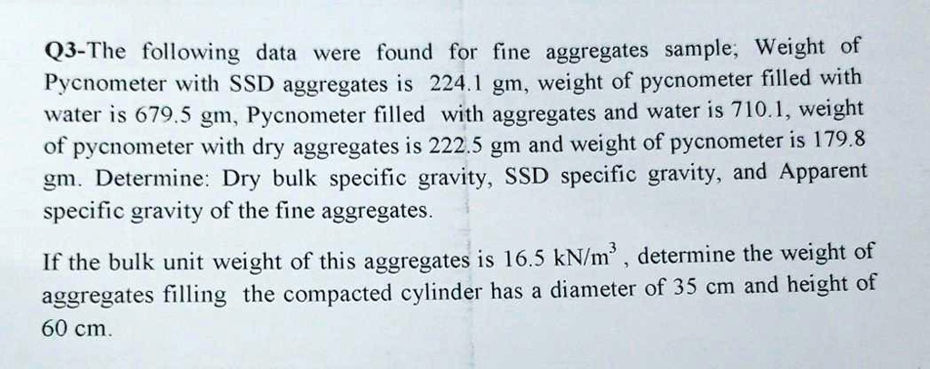 Q3-The following data were found for fine aggregates sample; Weight of ...