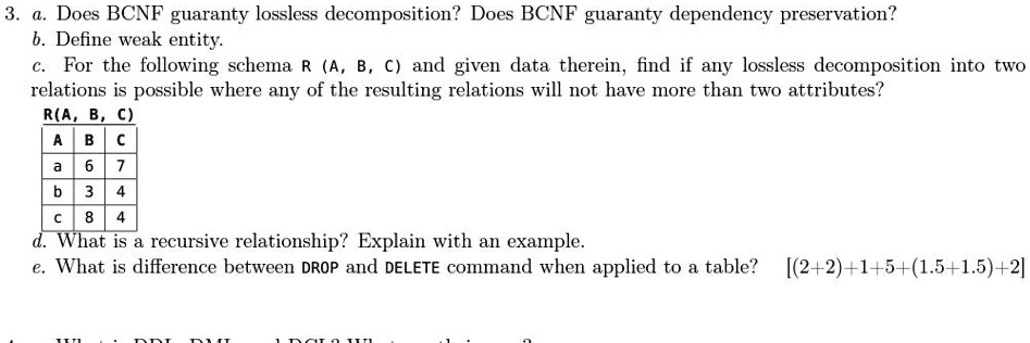 SOLVED: 3. a. Does BCNF guaranty lossless decomposition Does BCNF guaranty dependency ...