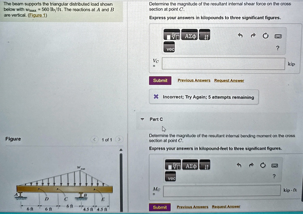 the beam supports the triangular distributed load shown below with wmax 560 lbft the reactions ...