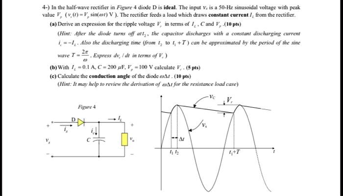 SOLVED: In the half-wave rectifier in Figure 4, diode D is ideal. The input voltage, v, is a 50 ...