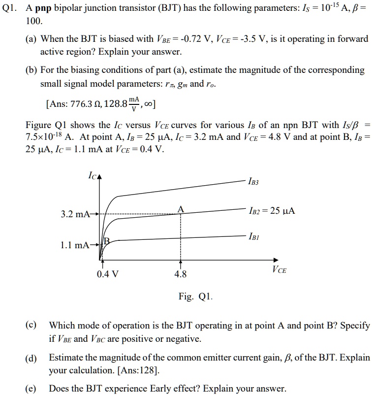 SOLVED: Q1. A pnp bipolar junction transistor (BJT) has the following ...