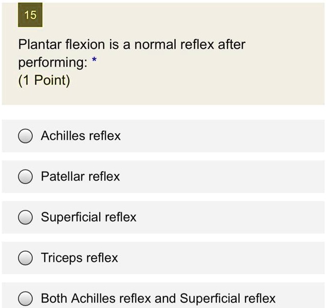 SOLVED: Plantar flexion is a normal reflex after performing: Achilles ...