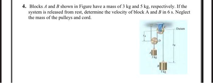 4. Blocks A and B shown in Figure have a mass of 3 kg and 5 kg, respectively. If the system is ...