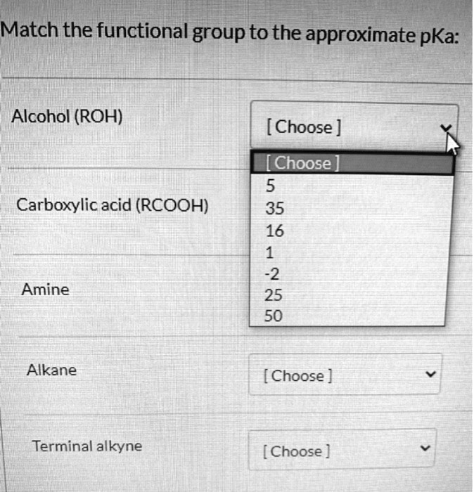 SOLVED:Match the functional group to the approximate pKa: Alcohol (ROH ...