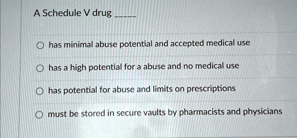 VIDEO solution: A Schedule V drug has minimal abuse potential and ...
