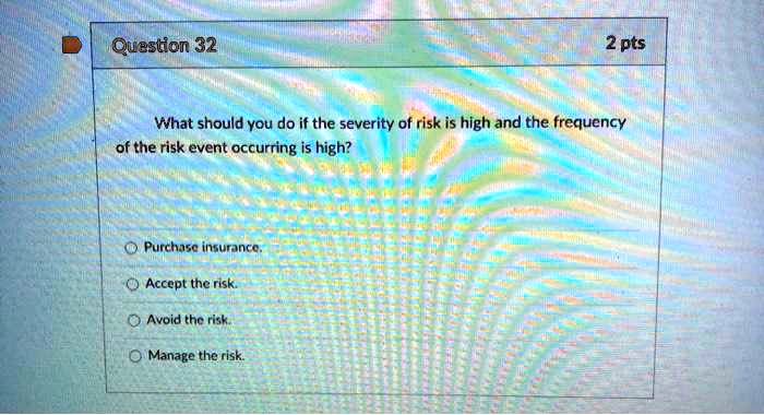 SOLVED: Question 32 2pts What should you do if the severity of risk is ... SOLVED: Question 32 2pts What should you do if the severity of risk is ...