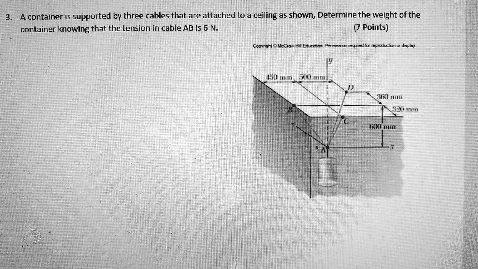 SOLVED: A container i5 supported by three cables that are attached to a ...