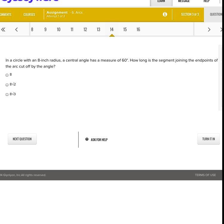 In a circle with an 8-inch radius, a central angle has a measure of 60 ...