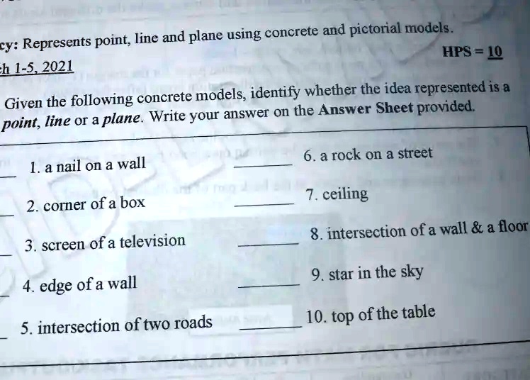 SOLVED: Line and Plane Using Concrete and Pictorial Models - Example: Represents Point; HPS = 10 ...