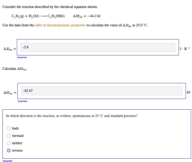 Consider the reaction described by the chemical equation shown.C2H4(g) + H2O(l) → C2H5OH(l)Δ ...