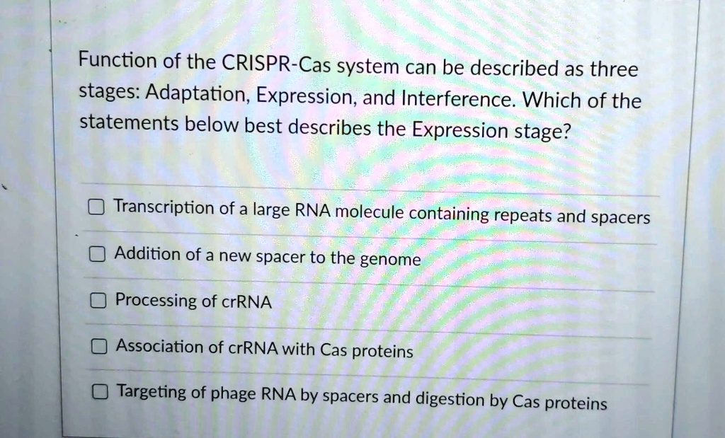 SOLVED: Function of the CRISPR-Cas system can be described as three ...
