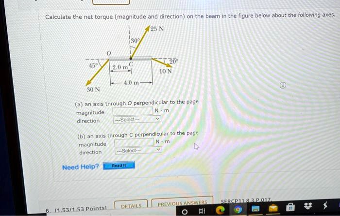 calculate the net torque magnitude and direction on the beam in the figure below about the ...