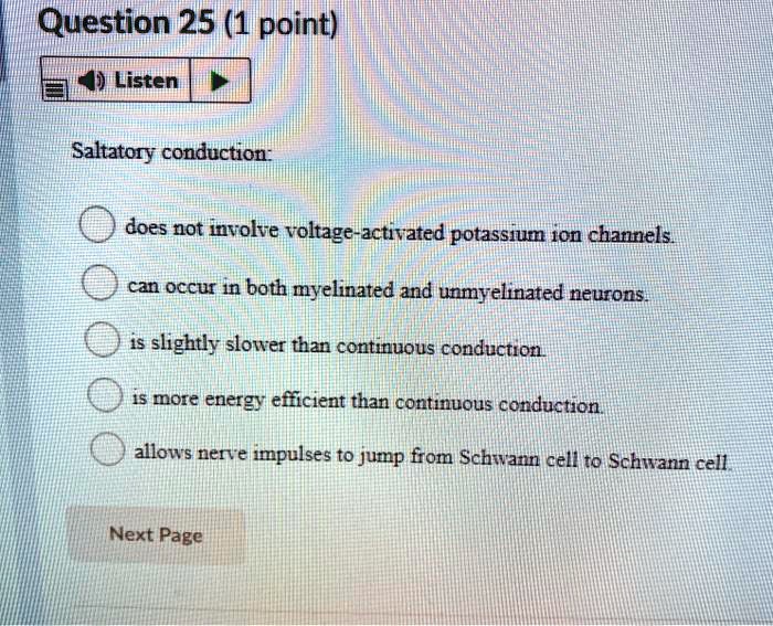 SOLVED: Saltatory conduction: does not involve voltage-activated ...