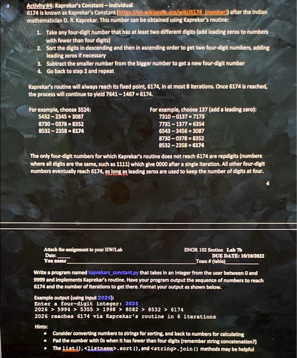 in python pls activity4kaprekars constant individual 6174 is known as kaprekars constant ...