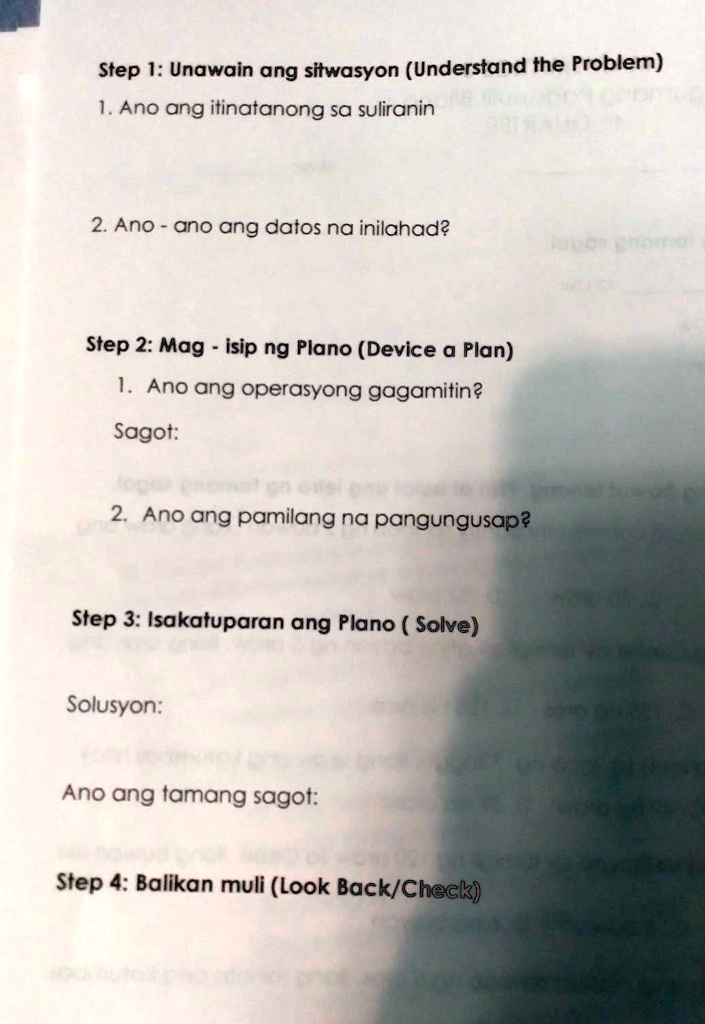SOLVED: II. Panuto: Lutasin ang suliranin sa pamamagitan ng paggamit ng Polya's 4 Step Process ...