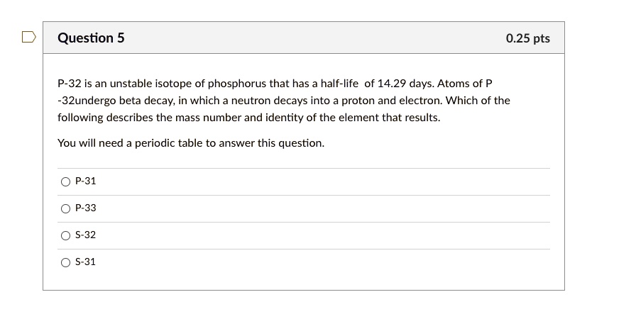 question 5 025 pts p 32 is an unstable isotope of phosphorus that has ...