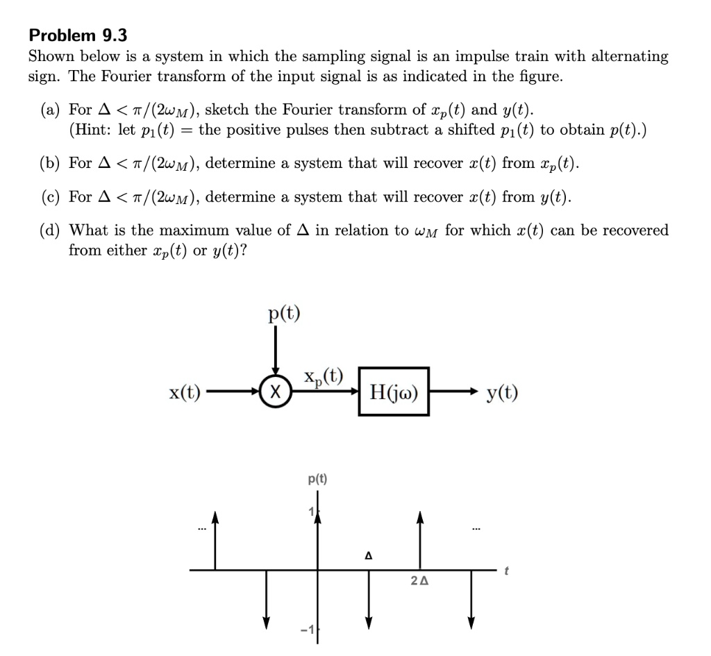 SOLVED: Problem 9.3: Shown below is a system in which the sampling signal is an impulse train ...