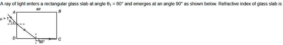 A ray of light enters a rectangular glass slab at angle θ1 = 60^∘ and ...