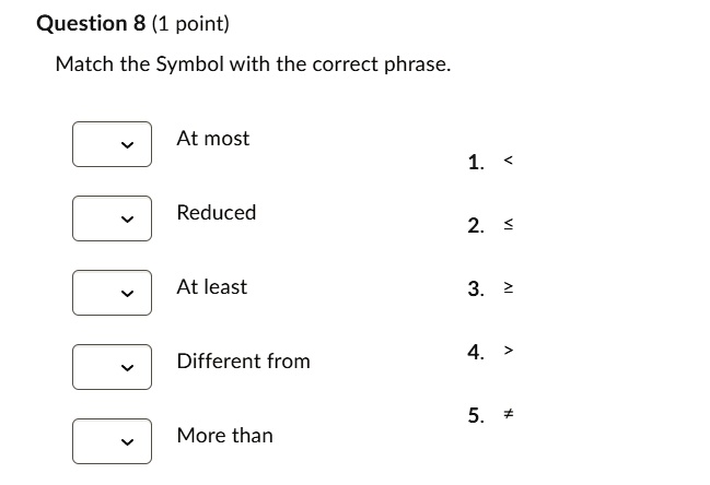 SOLVED: Question 8 (1 point) Match the Symbol with the correct phrase ...