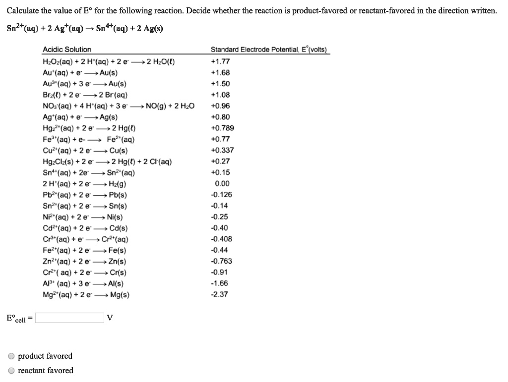Calculate The Value Of Eo For The Following Reaction … Solvedlib